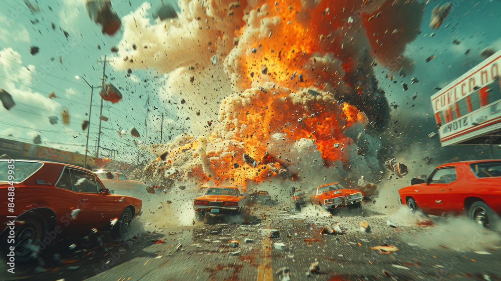 cars fall from the sky like meteoars and crash into a large parking lot ...