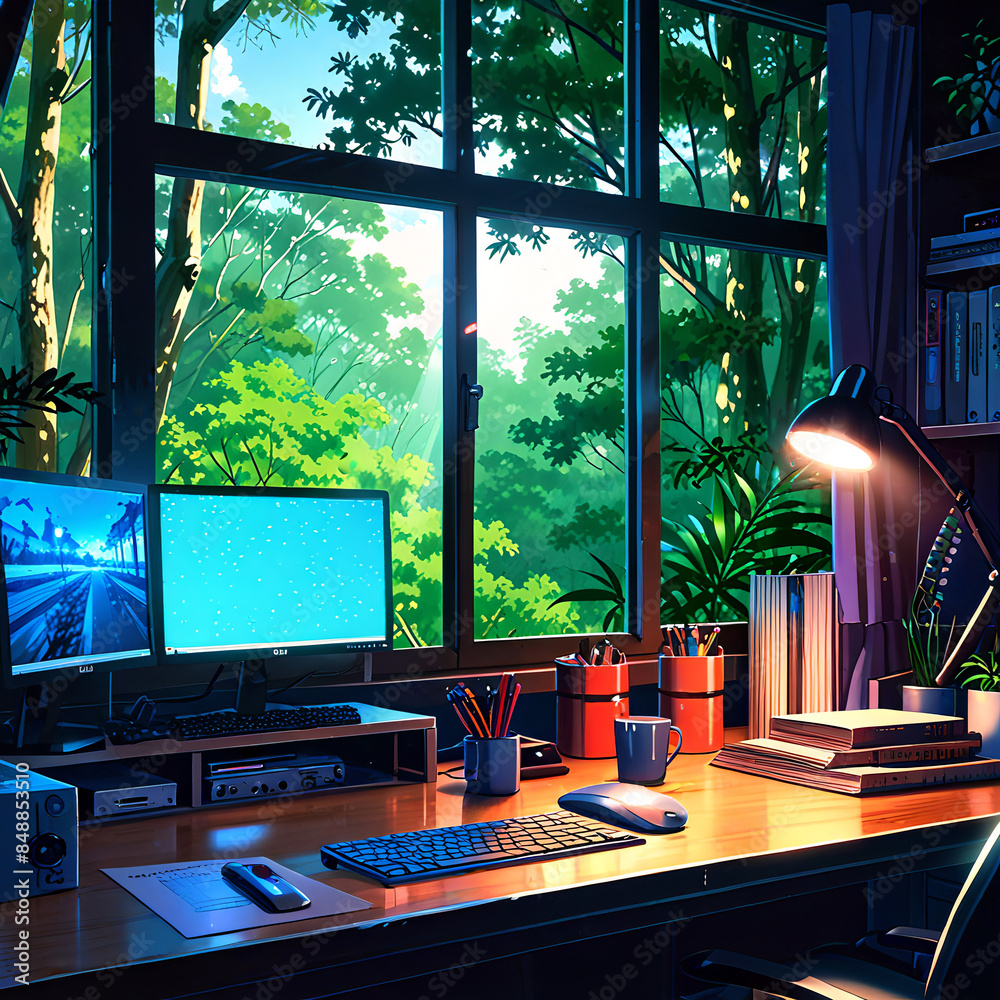 Lofi empty interior. Messy desk, window view of a forest, jungle. Anime ...
