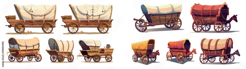 Ingenious modern illustration depicting wooden wagons, roofed tent ...