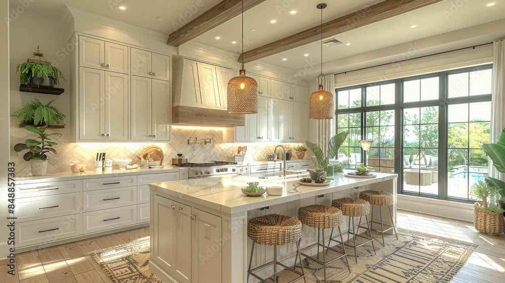 Contemporary kitchen design featuring elegant white cabinetry ...