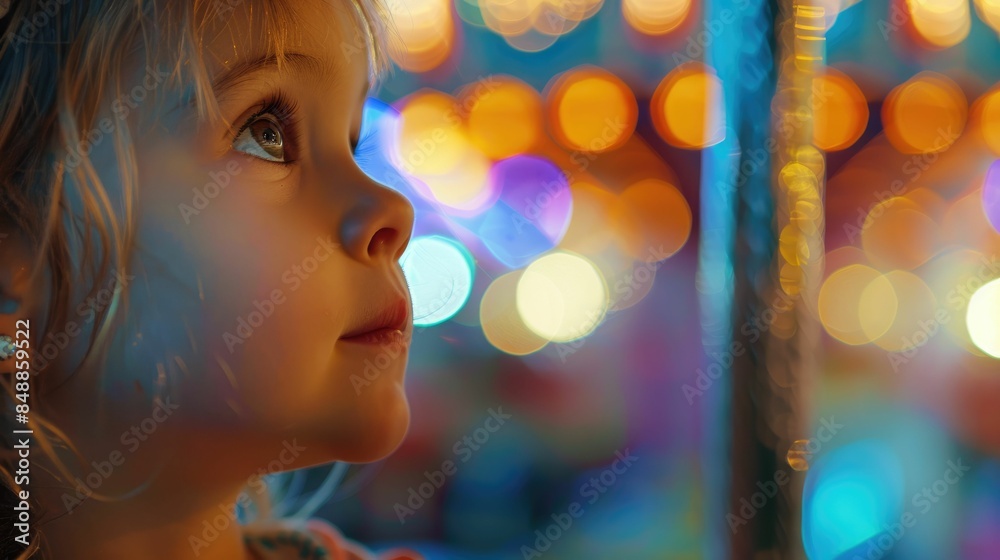 A smiling little girl gazes up at the ferris wheel with wonder, her ...