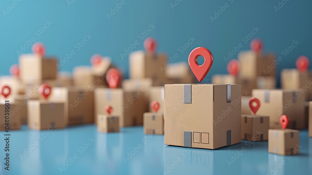 Cardboard boxes with a location pin on top, symbolizing delivery and ...