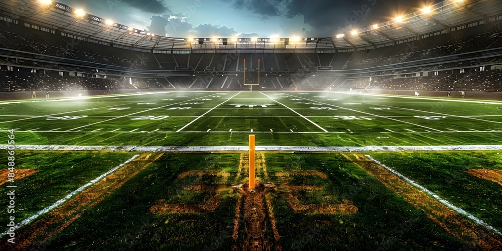 Birds eye view of football field in stadium flanked by sidelines ...