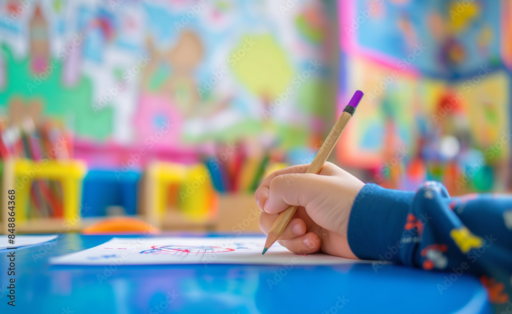 Child's hand holding a pencil and writing in a colorful classroom ...