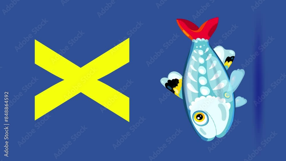 X letter big color x-ray fish vertical cartoon animation. Animal loop ...