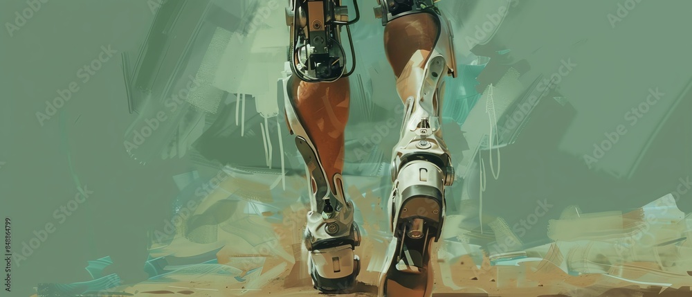 Artistic depiction of a robot's legs walking on a sandy terrain with a ...