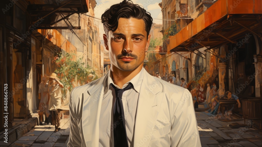 Art Deco portrait of a italian man with a mustache in an unbuttoned ...