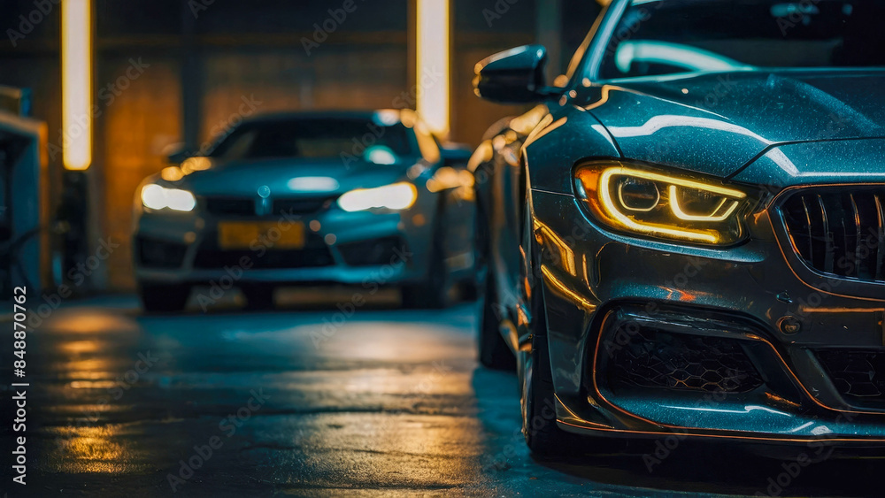 concept of car service car view from below from the pit of the garage ...