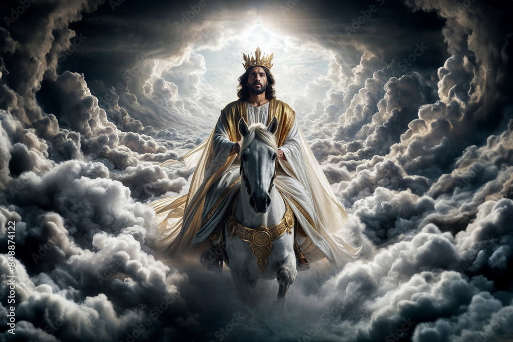 Jesus Christ riding a white horse on the clouds of Heaven Stock Photo | Adobe Stock