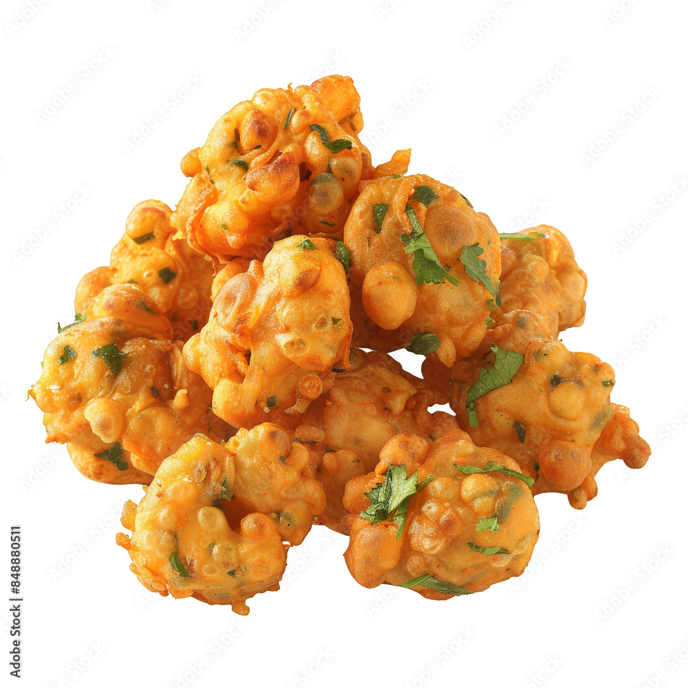Pakoras, spiced Indian vegetable fritters crispy on isolated white ...