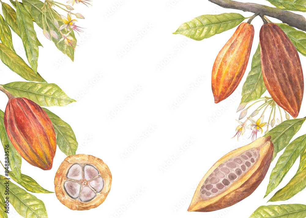 Frame with cacao fruit and leaf watercolor illustration , hand drawn ...