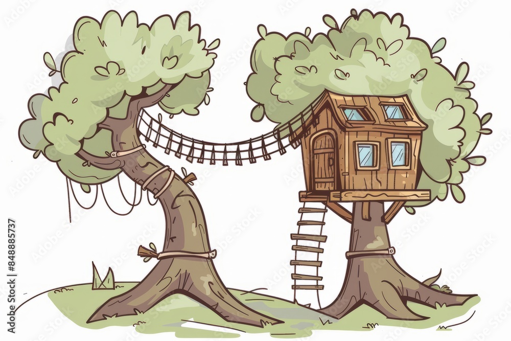 Cartoon cute doodles of a treehouse with a rope bridge connecting to ...