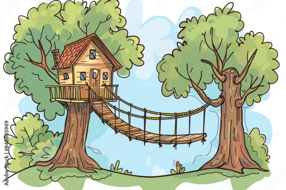 Cartoon cute doodles of a treehouse with a rope bridge connecting to ...
