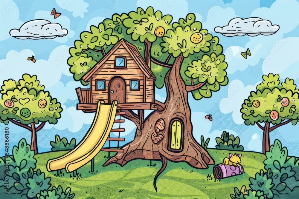 Cartoon cute doodles of a treehouse with a slide and a climbing wall ...