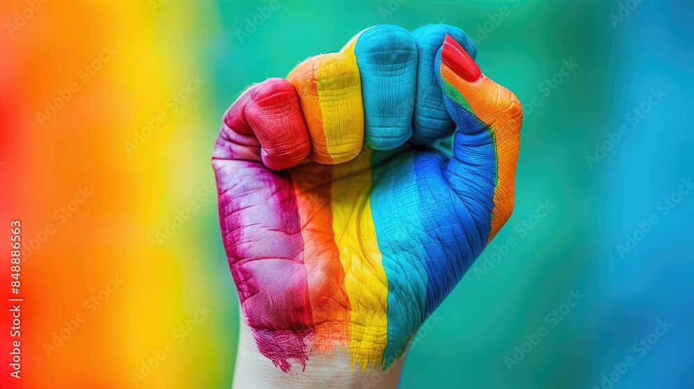 United in Color A hand, painted in the bold stripes of the LGBTQ+ pride ...