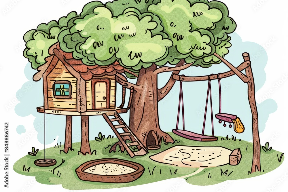 Cartoon cute doodles of a treehouse with a swing set and a sandbox ...