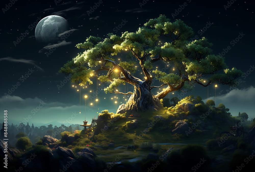 tree is shown in the landscape, generative ai Stock Illustration ...