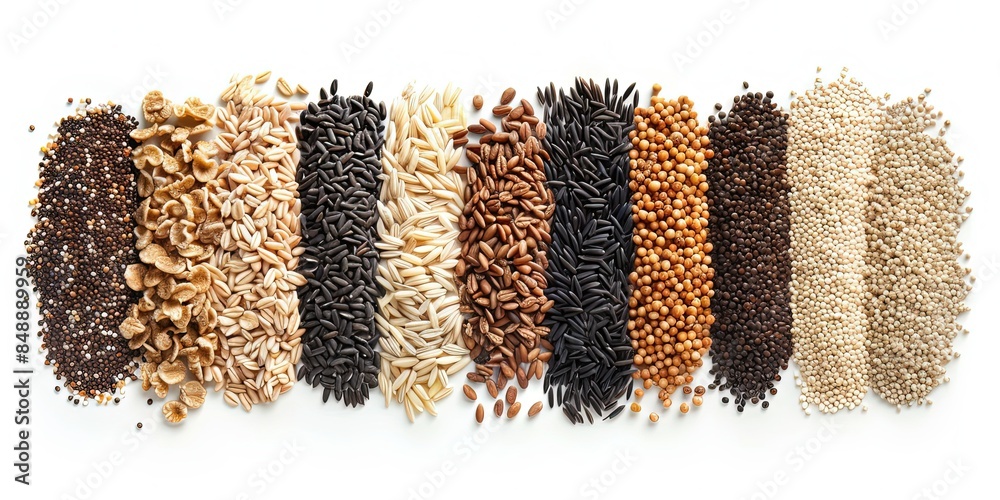 Different types of rice, brown rice, black rice, white rice, assortment ...
