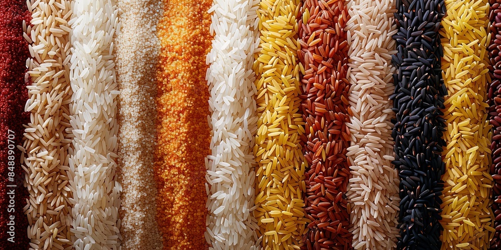 Different types of rice, brown rice, black rice, white rice, assortment ...