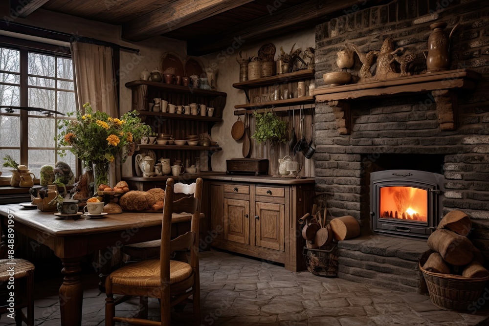 The interior of the rustic style dark stone kitchen with fireplace with ...