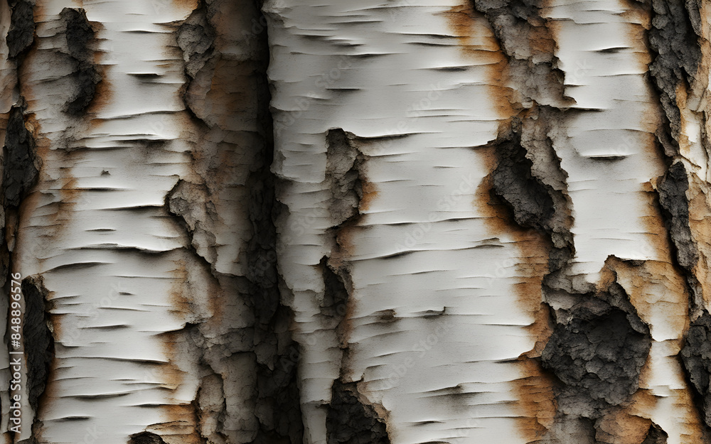 Bark of a birch tree, close-up on the smooth, white texture with black ...