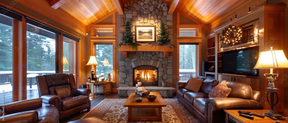 Foto de Living room interior with vaulted ceiling with wood cedar ...