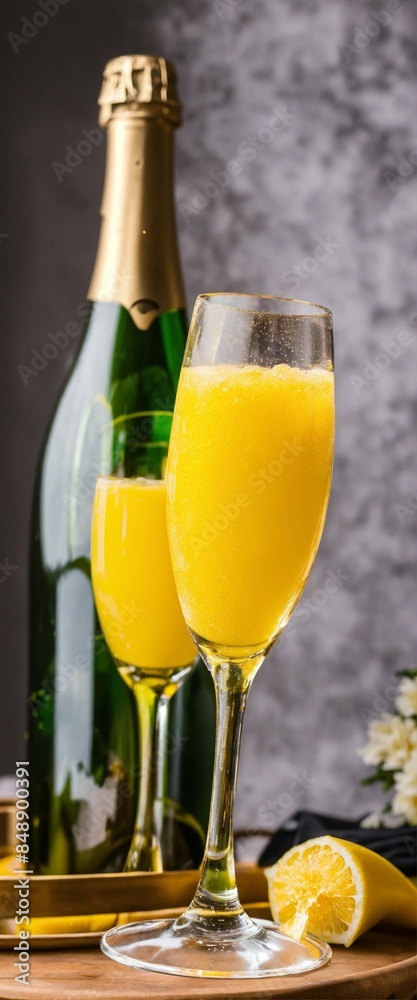 Bottle of champagne in ice bucket with two mimosas in front of it ...