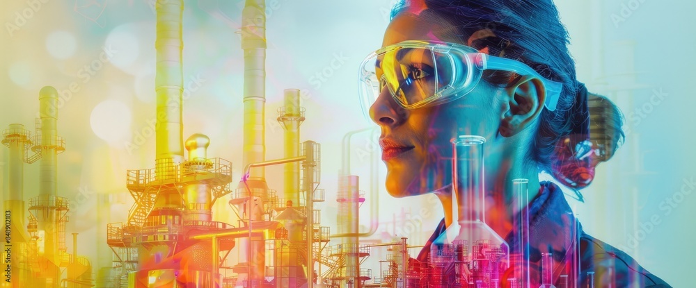 The photo shows a female chemical engineer wearing safety glasses and ...