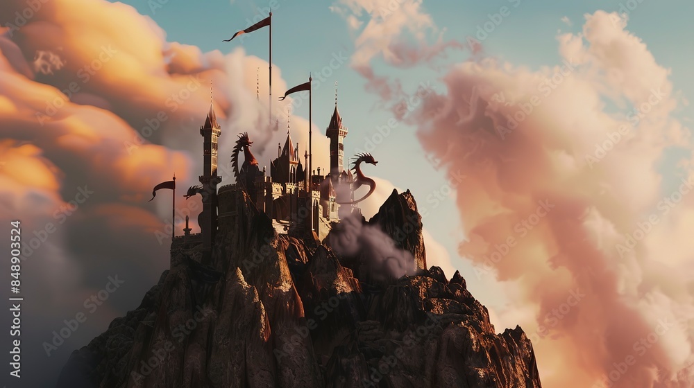 Fantasy castle with dragon sculptures, built into a mountainside ...
