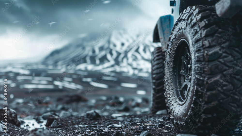 Large off-road tires of a rugged vehicle set in a dramatic, snowy ...