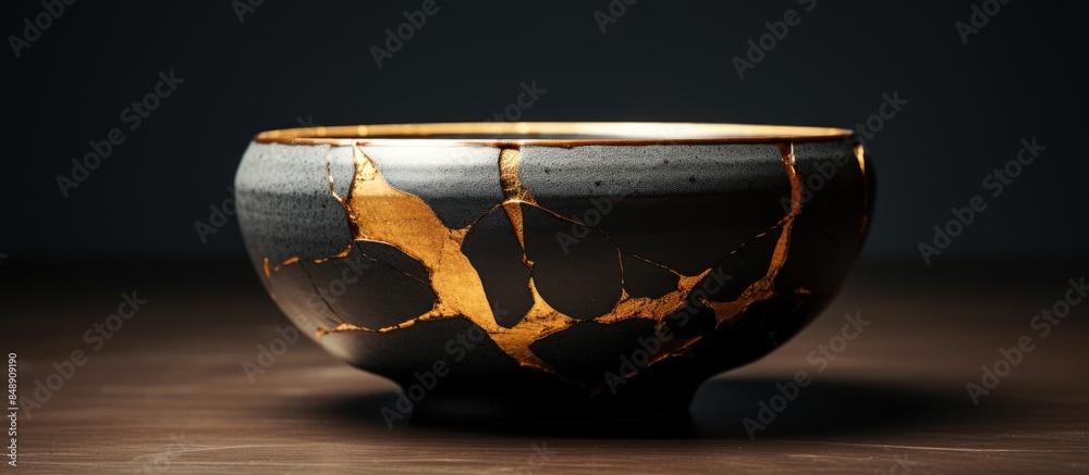 An old Japanese pottery bowl with black and gold Kintsugi a restoration ...