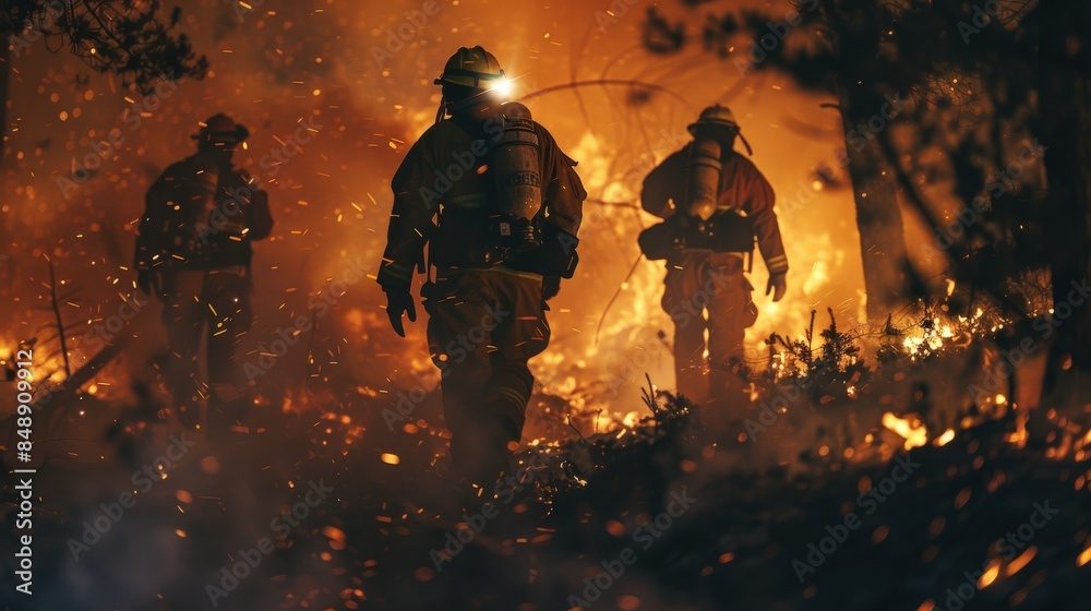 A close-up, action-packed shot captures firefighters battling a raging ...