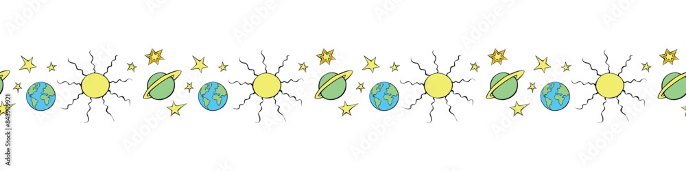 Edging, ribbon, border of planets, stars, suns in doodle flat style ...