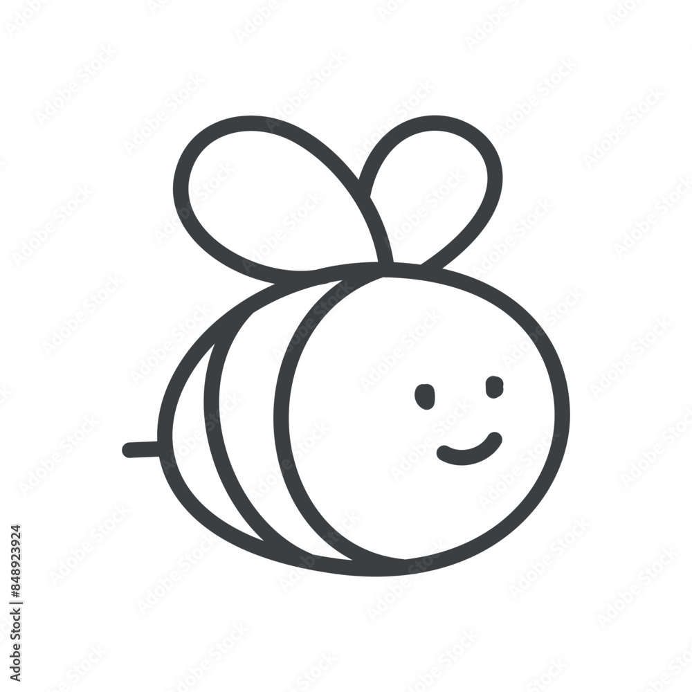 Cute bee icon. Hand drawn monochrome illustration of a smiling honey ...