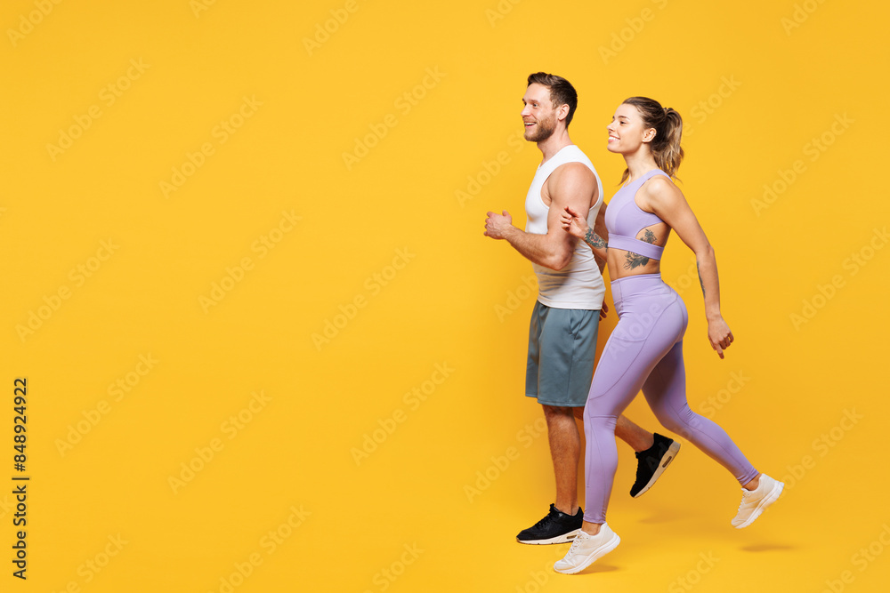 Full body side profile view young strong fitness trainer sporty two man ...