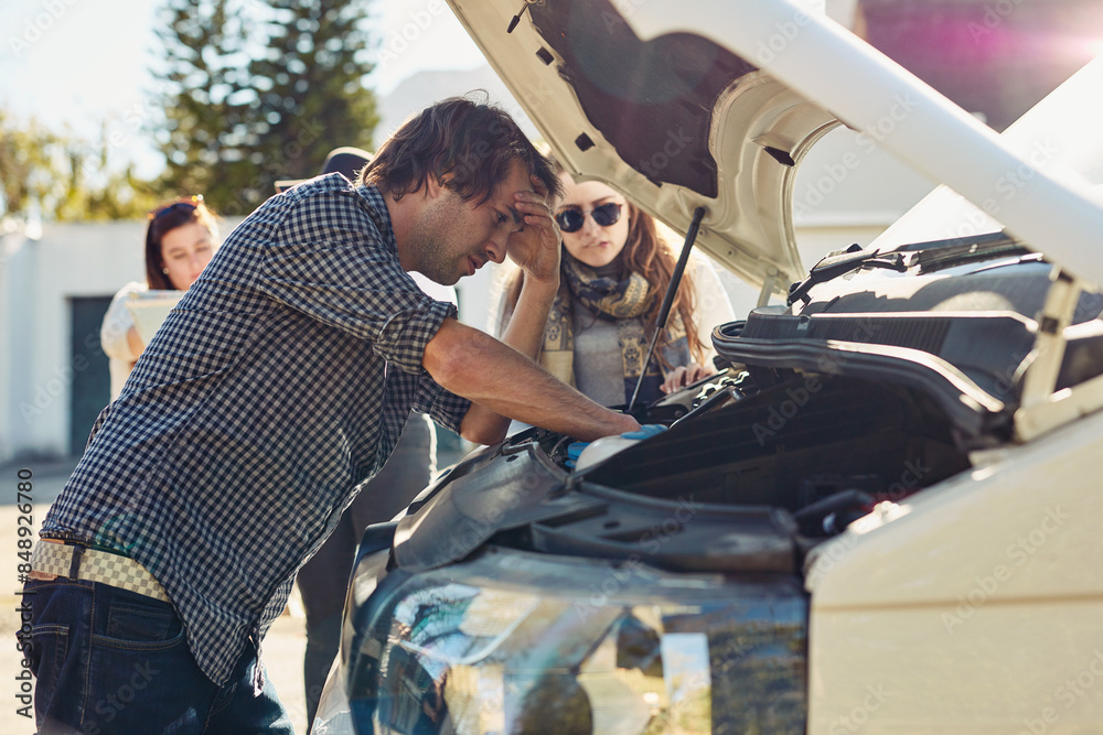 Breakdown, engine and road trip with people outdoor together for ...