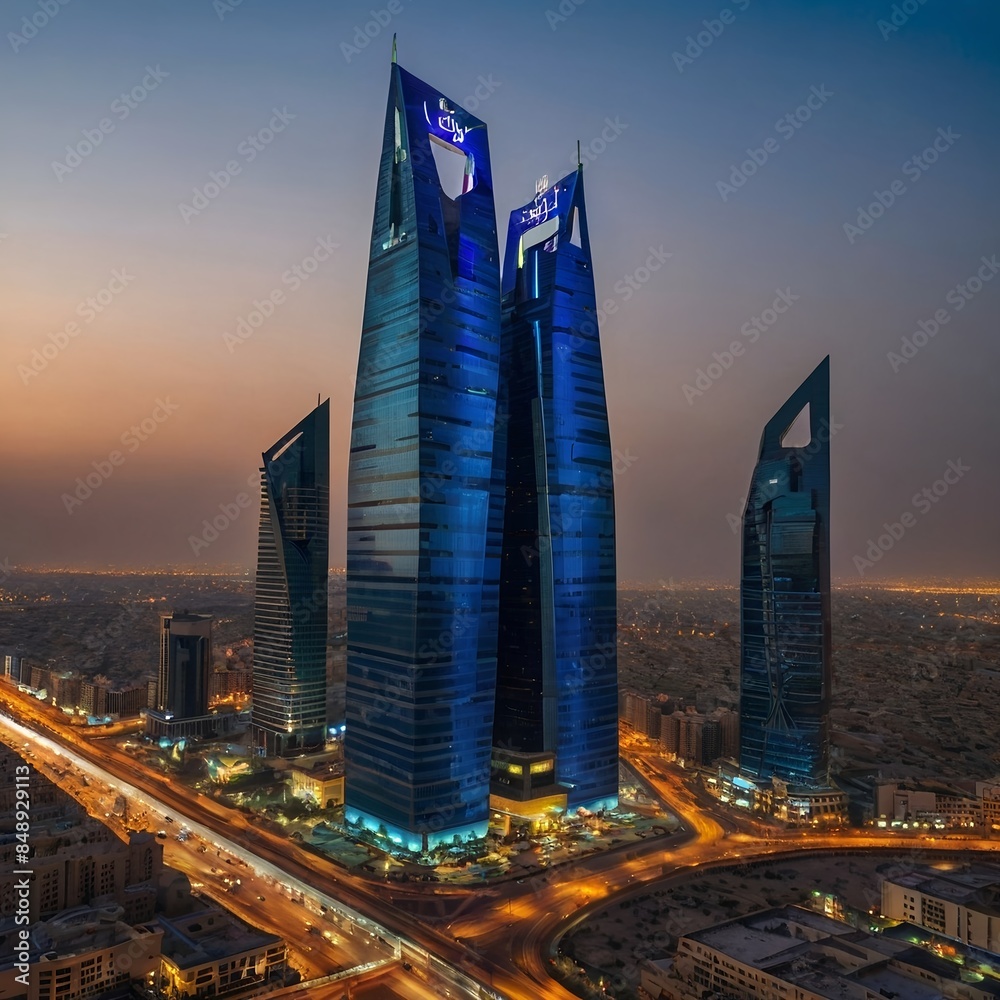 During the blue hour, the KAFD buildings in Riyadh, Saudi Arabia, stand ...