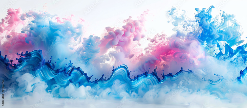 Multiple smoke bombs releasing vibrant blue and pink smoke, creating an ...
