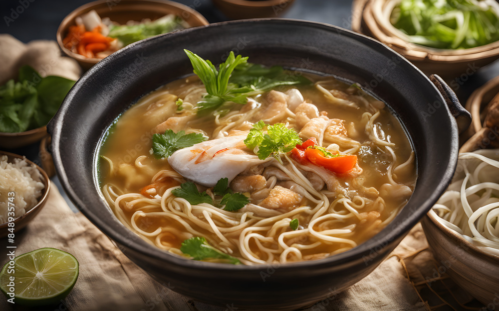 Burmese mohinga, fish noodle soup, lemongrass, crispy toppings Stock ...