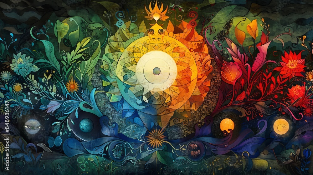 An illustration of a wheel depicting the karmic cycle, with different ...