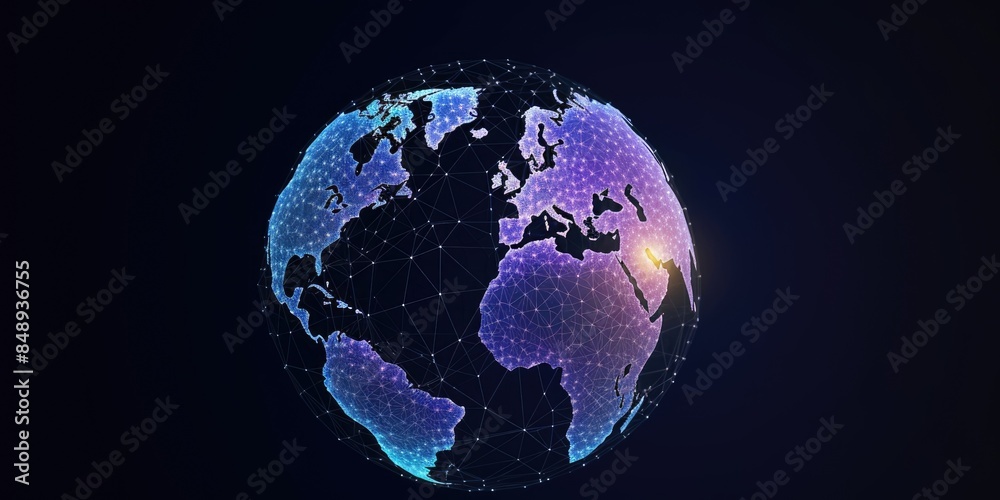 Gradient of blue and purple neon light dot with line connected on globe ...