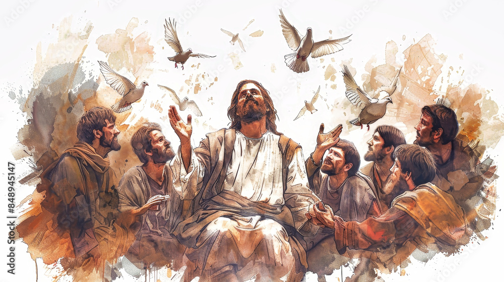 A painting depicting the ascension of Jesus Christ, surrounded by his ...