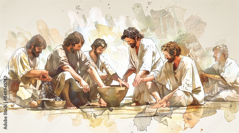 A watercolor illustration depicting Jesus kneeling and washing the feet ...