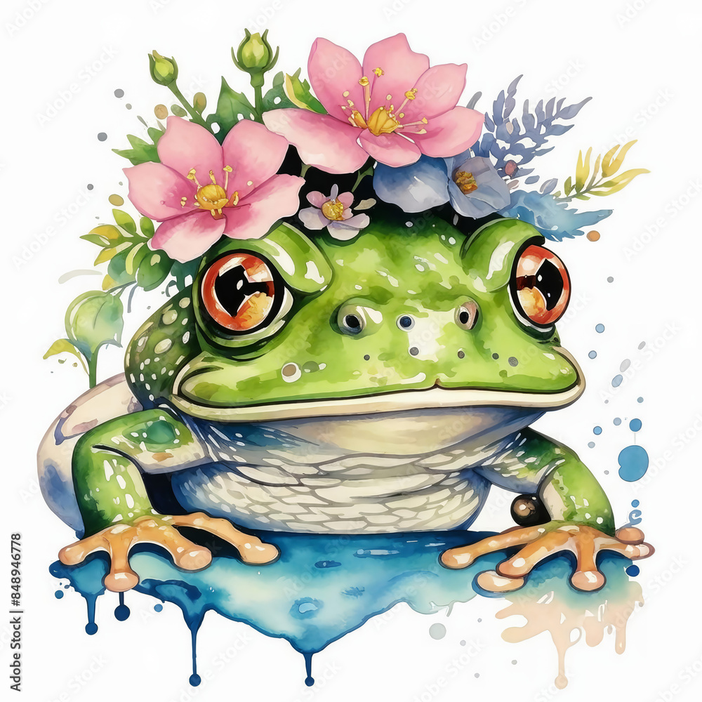 a frog with flowers on its head. an amphibious animal. illustration ...