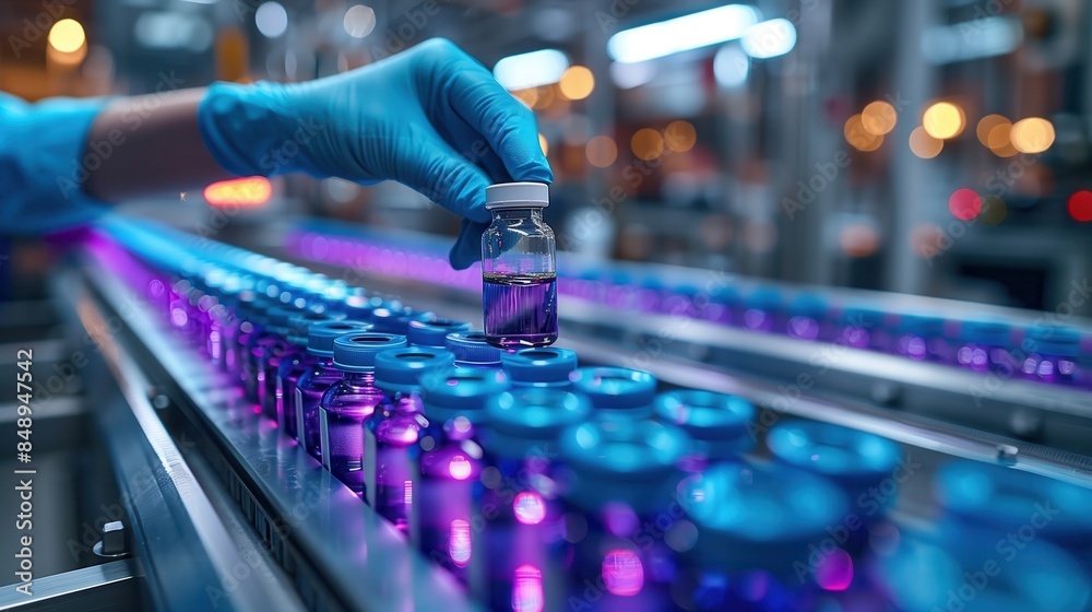 Lab Worker Handling Purple Vials on Conveyor. Lab worker in gloves ...