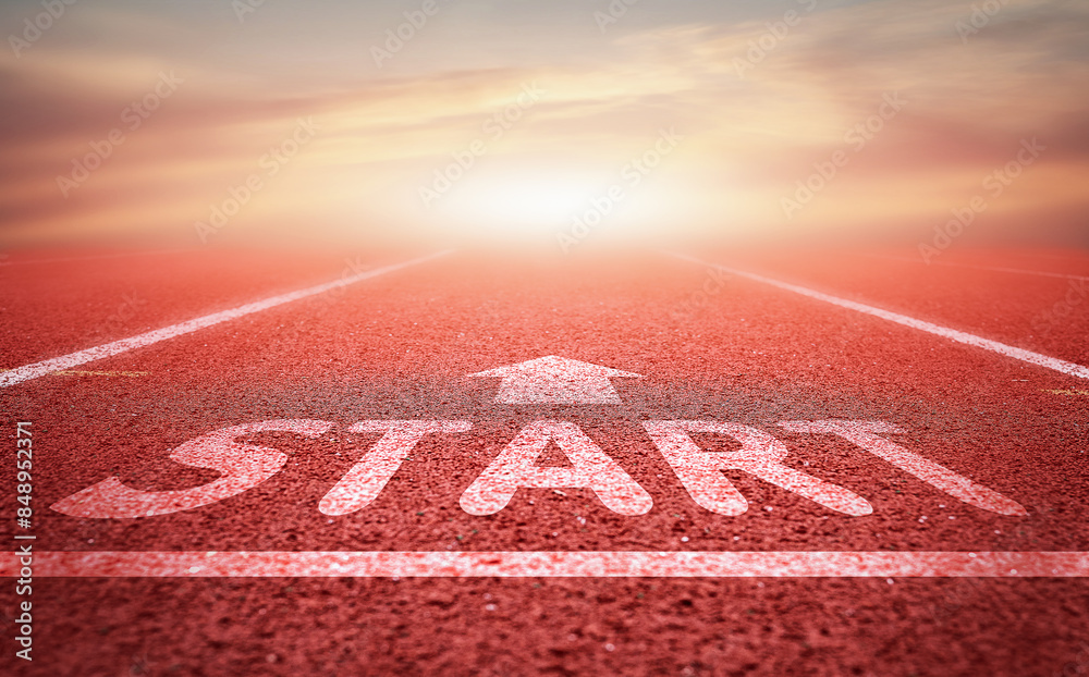 Start on Running track. Concept of new beginning, starting in new year ...