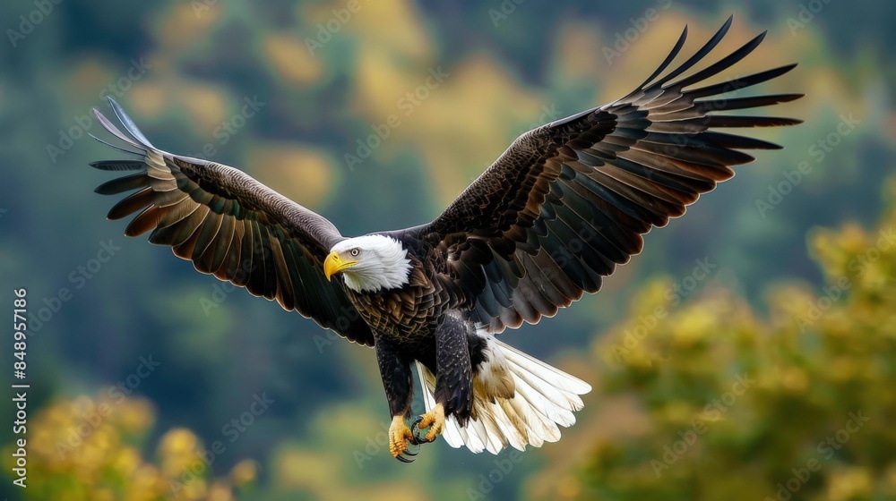 The bald eagle, a majestic bird of prey with sharp talons and a ...
