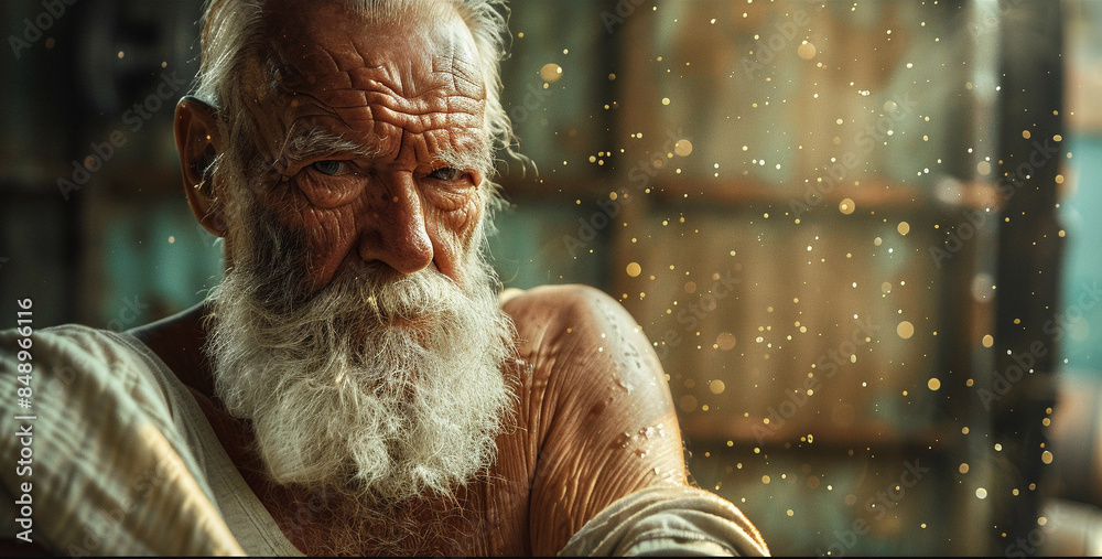 Design a photorealistic scene of an old man in a gym, using magic in a ...