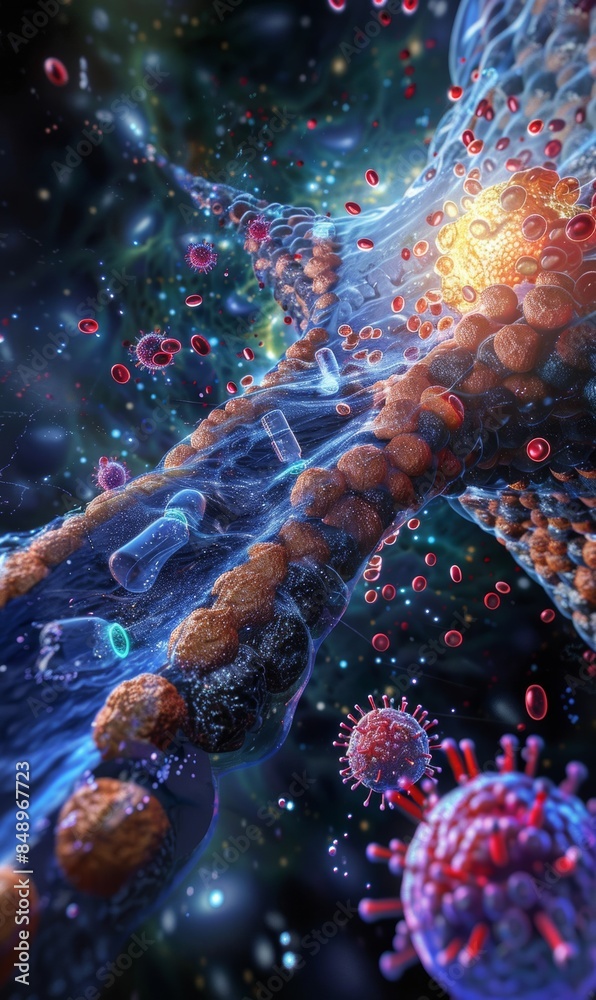 Detailed illustration of a nanoparticle-based drug delivery system ...
