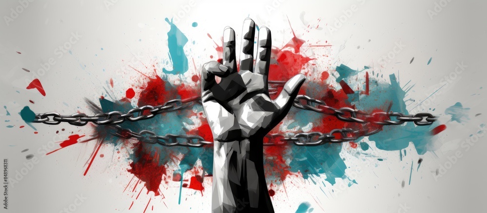 Modern digital art collage depicting a hand raised in freedom breaking ...